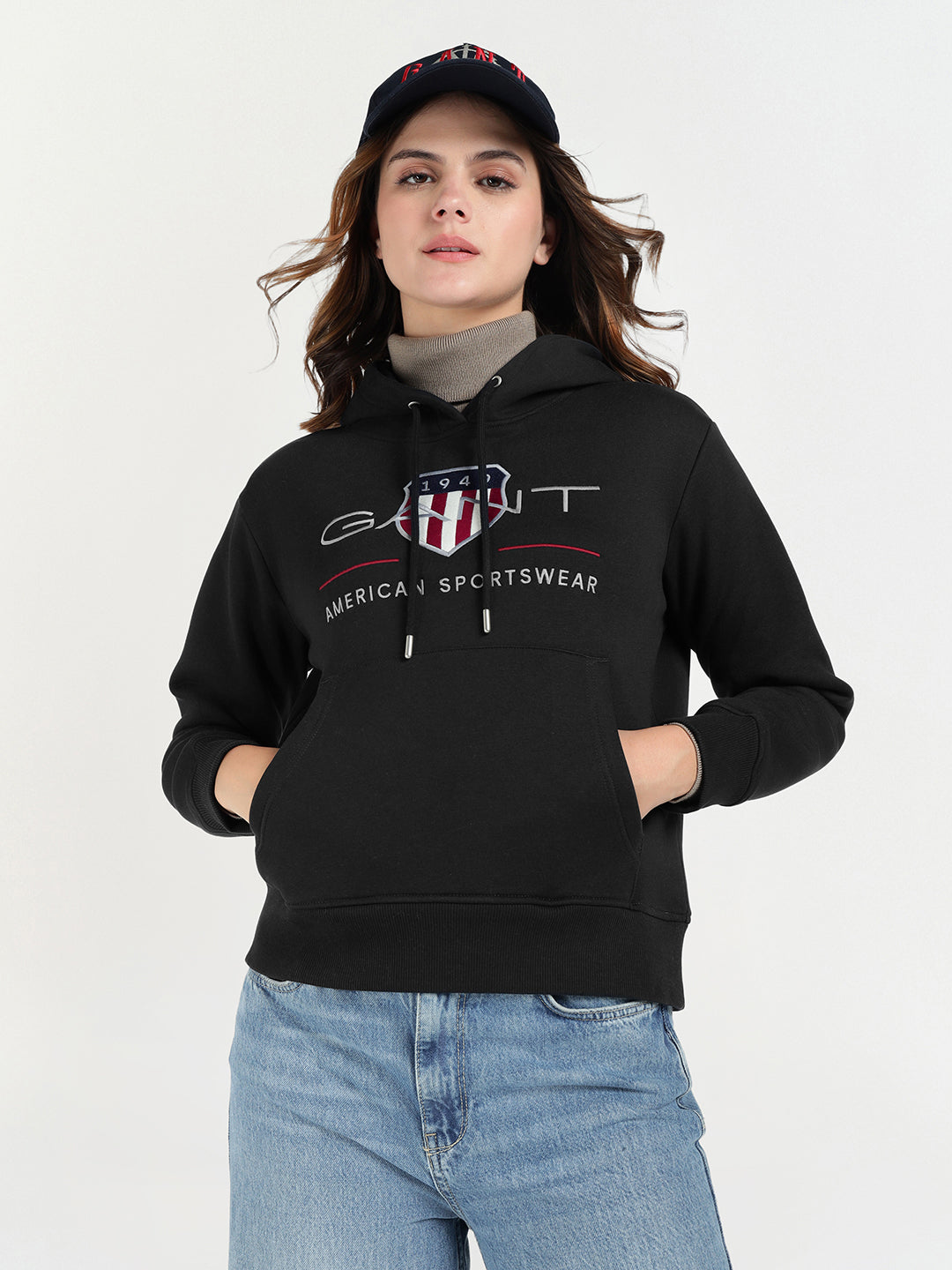 Shop Gant Women Black Graphic Hooded Sweatshirt Online