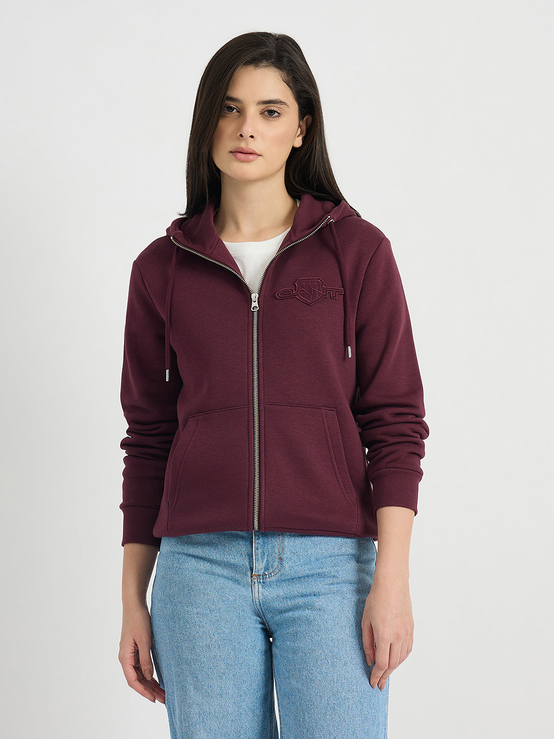 Shop GANT Women Wine Tonal Shield Zip Hooded Sweatshirt - Gant India