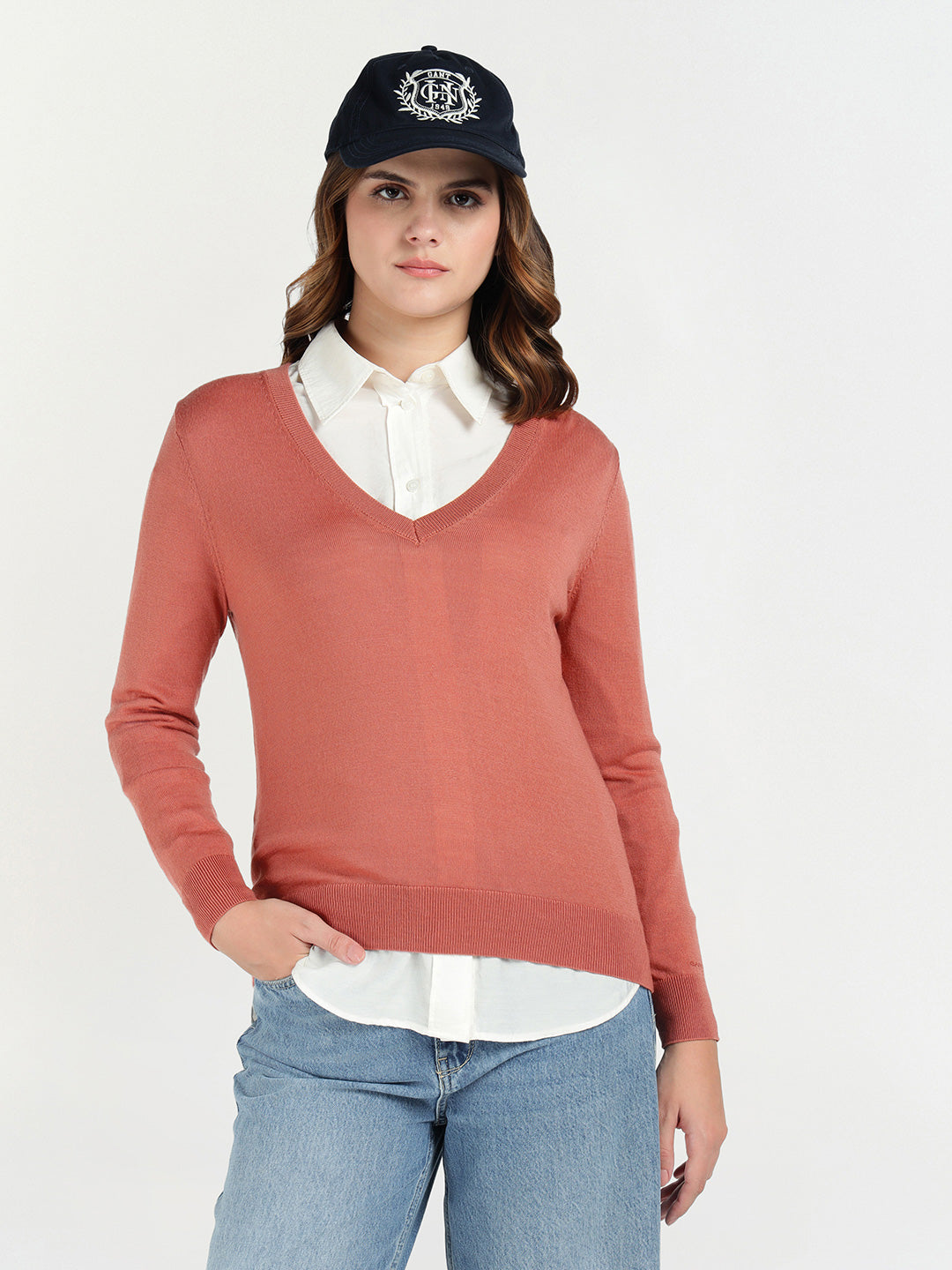 Shop Gant Women Red Solid V Neck Sweater - GANT India