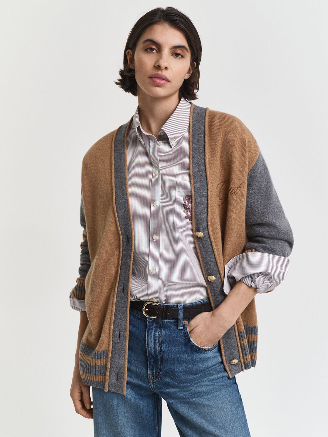 Shop Gant Women Brown Coloublocked V Neck Sweater - GANT India